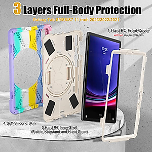 BRAECNstock Kids Case for Samsung Galaxy Tab S9 FE/ S9/ S8/ S7 5G 10.9"/ 11" Shockproof Protective with Pencil Holder, [360° Rotating Hand Strap & Stand], Shoulder Strap, Colorful Pink