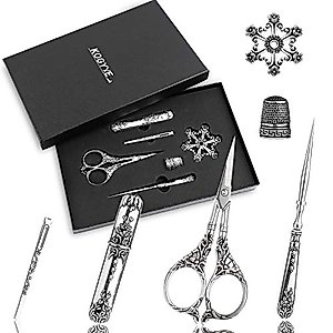 Embroidery Scissors Kits, Vintage Scissors European Style Sewing Scissors, Sewing Kit with Sewing Needle Case, Thimble and Metal Floss Bobbin, Complete Needlework Kits for Embroidery (Silver)