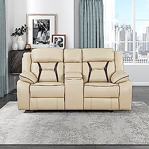 Lexicon Reclining Loveseat, Wall Hugger Recliners, Home Theater Seating, Power Double Recliner, Couches for Living Room, RV Furniture, Faux Leather with Contrast Piping, 66''W Love Seat, Beige