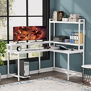 Tribesigns L Shaped Desk with Hutch and Monitor Stand, Corner Computer Desk Home Office Desk with Storage Shelf, Gaming Table Workstation,CPU Stand Included, (White&White)