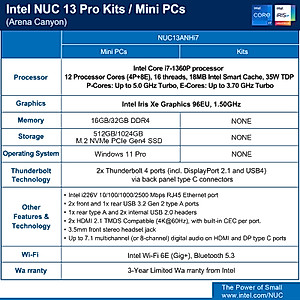 Intel NUC 13 Pro NUC13ANHi7 Arena Canyon Mini PC, Core i7-1360P, 32GB RAM, 1TB SSD, Mini Computers Windows 11 Pro for Business Home Office, Support 8K/4K Quad Display/WiFi 6E/BT 5.3/Thunderbolt 4