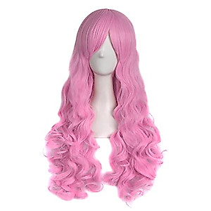 MapofBeauty 28"/70cm Lolita Long Curly Clip On Ponytails Cosplay Wig(Pink)