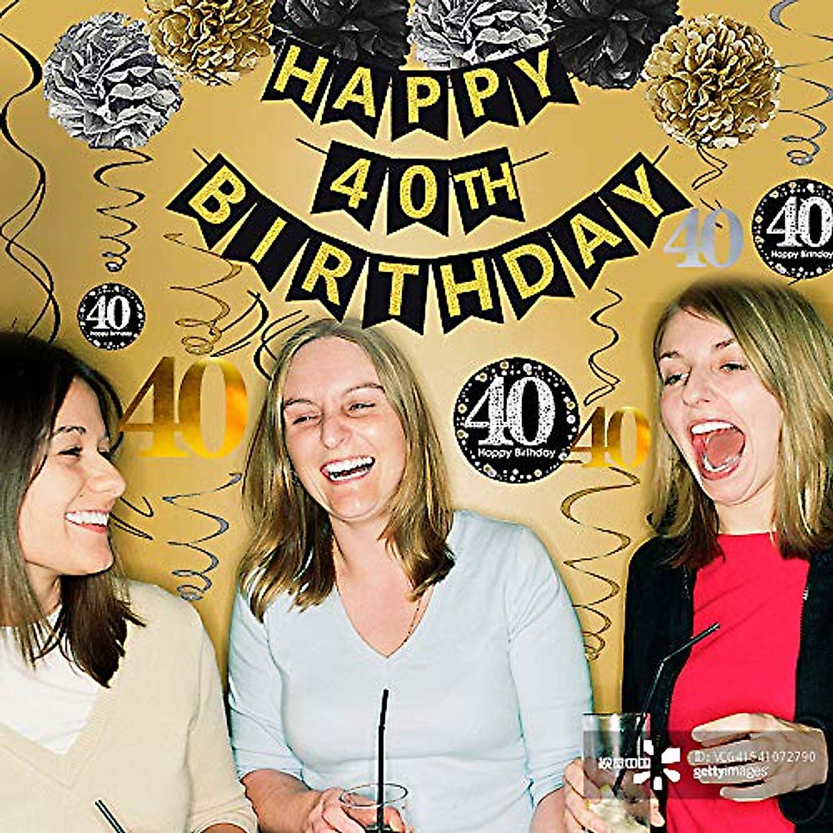 Famoby Gold Glittery Happy 40th Birthday Banner,Poms,Sparkling 40 Hanging Swirls Kit for 40th Birthday Party 40th Anniversary Decorations