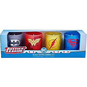 Insight Editions DC Comics Justice League Glass Votive Candles - Set of 4 - Superman, Wonder Woman, Flash, Batman - Unscented - 3 oz Each