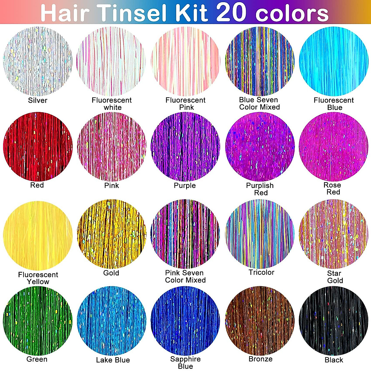 GrennMauler Hair Tinsel Kit (48 Inch, 20 Colors, 4800 strands), Tinsel Hair Extensions with Tools， Heat Resistant Fairy Hair Tinsel Kit for Women Hair Accessories