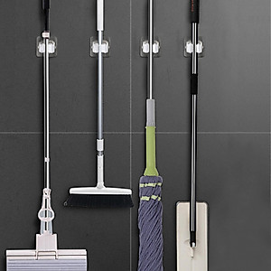4PCS Mop Broom Holder No Drill Stainless Steel, Mop Broom Organizer Wall Mounted Heavy Duty with Hooks Hanger, Storage Rack Self Adhesive for Bathroom, Kitchen, Office (White)