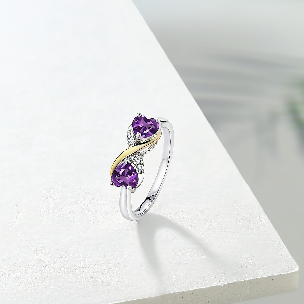 Gem Stone King 925 Sterling Silver and 10K Yellow Gold Heart Shape Purple Amethyst and White Lab Grown Diamond Women Ring (0.88 Cttw, Gemstone Birthstone, Available In Size 5, 6, 7, 8, 9)