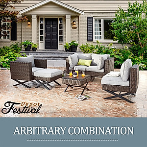 Festival Depot Patio Side Coffee Table Outdoor Bistro Dining Furniture with Wood Grain Top, Wicker Rattan and X Shaped Metal Steel Legs (Brown)