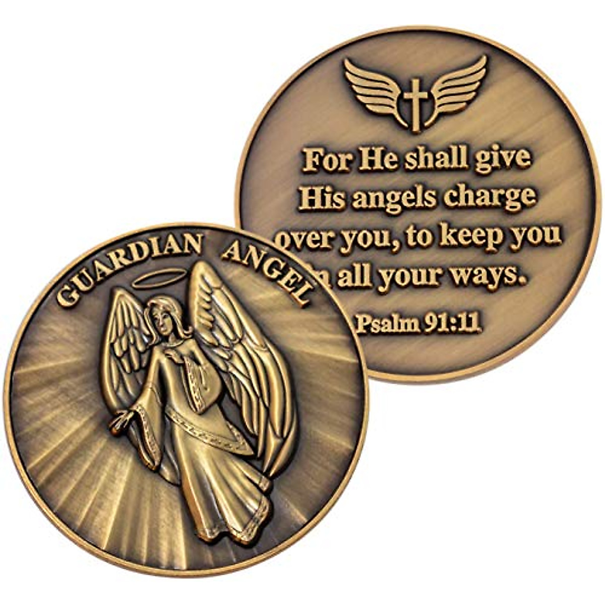Guardian Angel Christian Challenge Coin, Pass Along Token of Assurance and Peace, Handout for Sunday School or Kids Church, Antique Gold-Color Plated Psalm 91 Gift