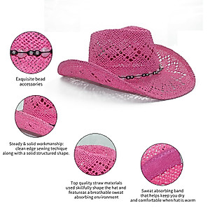 Vamuss Straw Cowboy Hat for Women with Beaded Trim and Shapeable Brim, Fuchsia