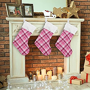 Kigai Christmas Stockings Pink Buffalo Plaid Large Candy Stockings Stuffers Kids Cute Xmas Sock Decorations 1PC for Home Holiday Party 12" x18"