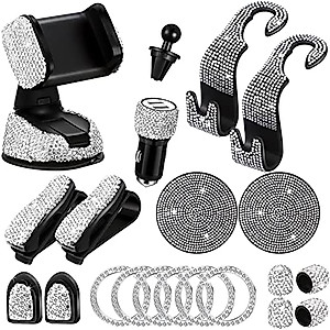 Tallew 20 Pieces Car Accessories for Women, Bling Car Accessories Set, Bling Car Phone Holder Mount, Bling Dual USB Car Charger, Car Coasters, Bling Glasses Holders (White)
