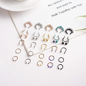 YOVORO 25Pcs Stainless Steel Fake Nose Ring Hoop for Men Women Faux Lip Ear Septum Ring Non-Pierced Body Jewelry XK