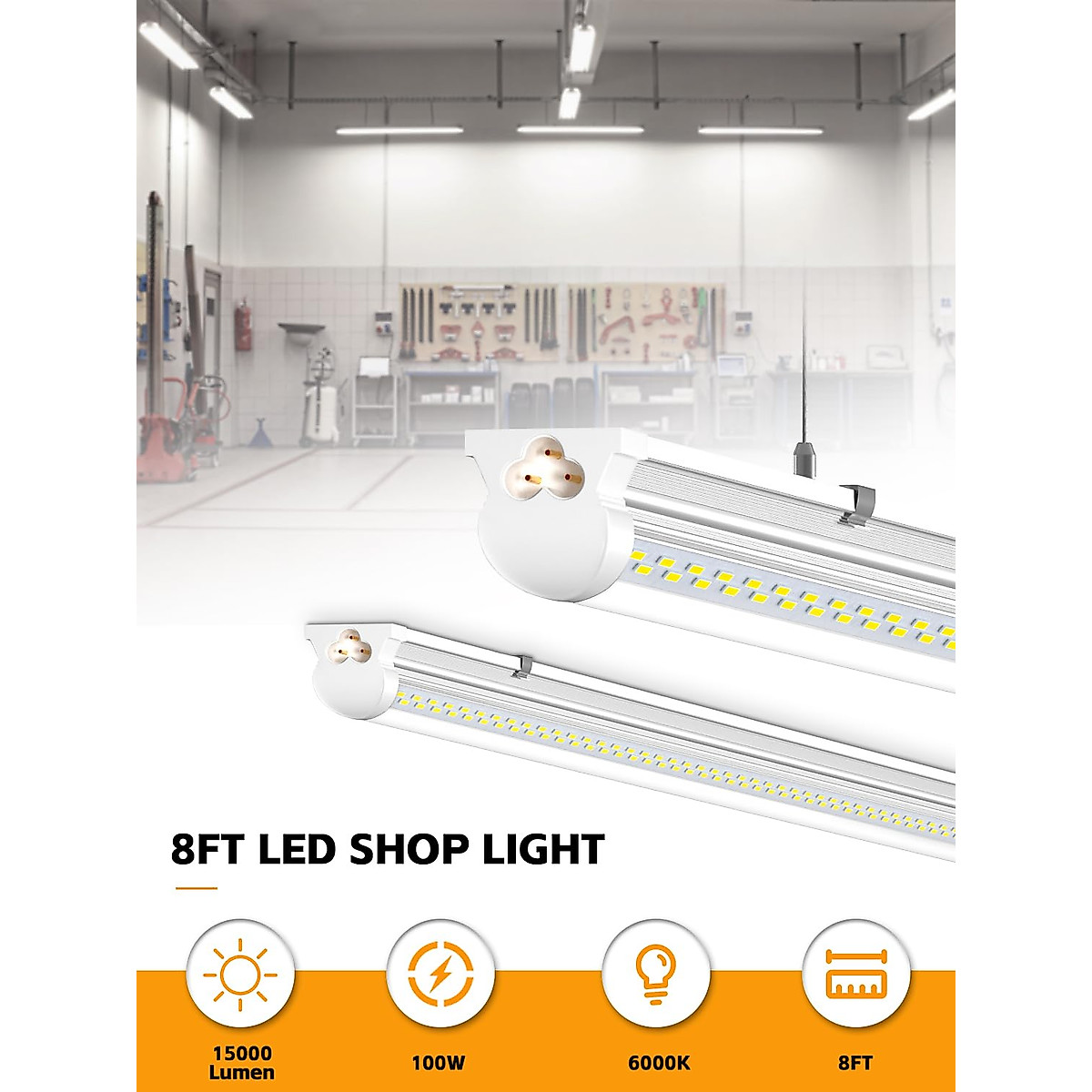 ONLYLUX LED Shop Light 8ft 6000K White 100W, 15000lm Workshop led Light V Shape, Plug and Play, Hanging/Surface Mount Install, 8 Foot led Lights for Garage,10 Pack