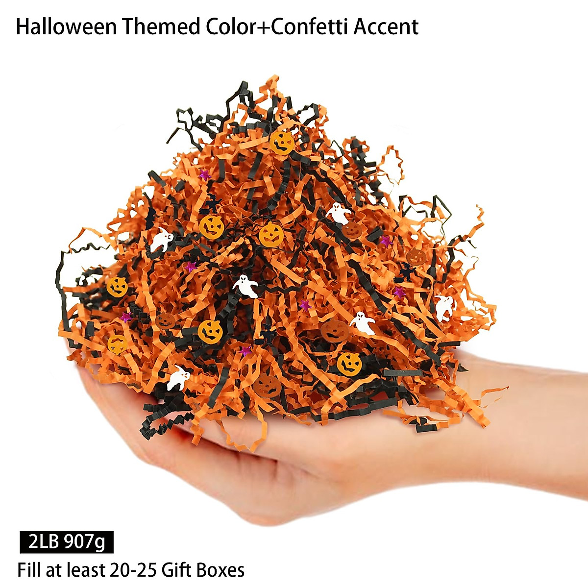 TORONTOKYO 2LB Halloween Black Orange Crinkle Cut Paper with Pumpkin Bat Ghost Witch Star Confetti, Raffia Paper Shredded Paper Filler for Gift Wrapping Craft DIY Basket Filling Party Decoration