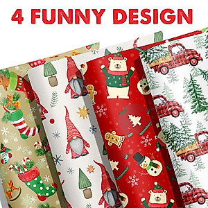 ZINTBIAL Christmas Wrapping Paper for Kids Boys Girls Baby Men Women - Wrapping Paper Christmas Bundle Include White Santa, Green Stockings, Red Truck and Woodland - 29 x 42 Inches per Sheet (4 Jumbo Sheets) - Recyclable, Easy to Store,Not Rolled