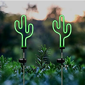 SVEIKS Solar Cactus Garden Stake Lights, Green Cacti Lighting Solar Pathway Lights Outdoor Waterproof LED Neon Strip for Courtyard Patio Lawn Flowerbed Landscape, 30" Tall (2 Pack)