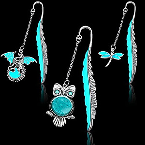 3 Pieces Vintage Metal Feather Bookmark Glow in The Dark 3D Silver Dragonfly Owl Dragon Bookmarks Gift for Book Lovers Students Teachers Reader