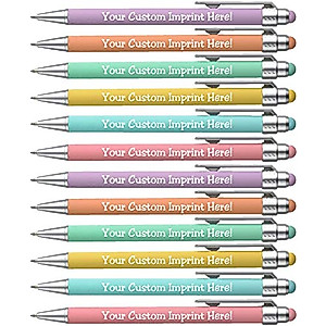 Express Pencils™ - Pastel Custom Pens with Stylus - Soft Touch Design - Personalized Metal Frame Printed Name Pens with Black Ink - Imprinted with Logo or Message (Assorted)