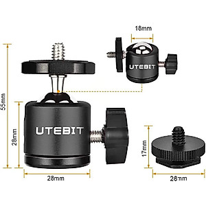 UTEBIT 2 Pack Mini Ball Head with 1/4" Hot Shoe Mount Adapter Max Load 5.5lb 360° Swivel Tripod Ball Head for DSLR Camera Camcorder, Light Bracket