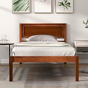 Giantex Twin Bed Frames with Headboard, Solid Wood Platform Bed with Wood Slat Support, Single Bed with 16" Under Bed Storage, Twin Bed Frames for Kids Adults Guests, Easy Assembly, Walnut