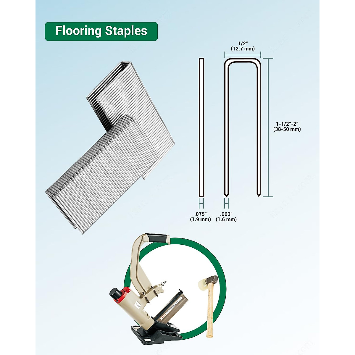 meite 15.5 Gauge Flooring Staples, 2-Inch Length 1/2-Inch Crown Hradwood Floor Staples Collated Galvanized Flooring Staples (5,014 Counts)