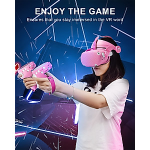 Barbie Pink 6 in 1 Set Head Strap for Oculus Quest 2 Accessories,MODJUEGO Adjustable Forehead Strap with Silicone Touch Controller Grip Cover, VR Face Cover and VR Shell Protector Cover Replacement