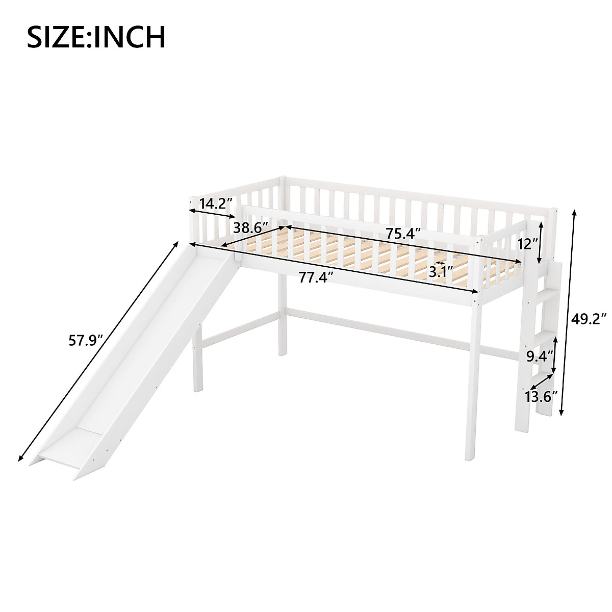 Kids Twin Loft Bed with Slide Rails, Low Beds Frame Wooden for Toddler Boys Girls Junior Slat Support, No Box Spring Needed, White
