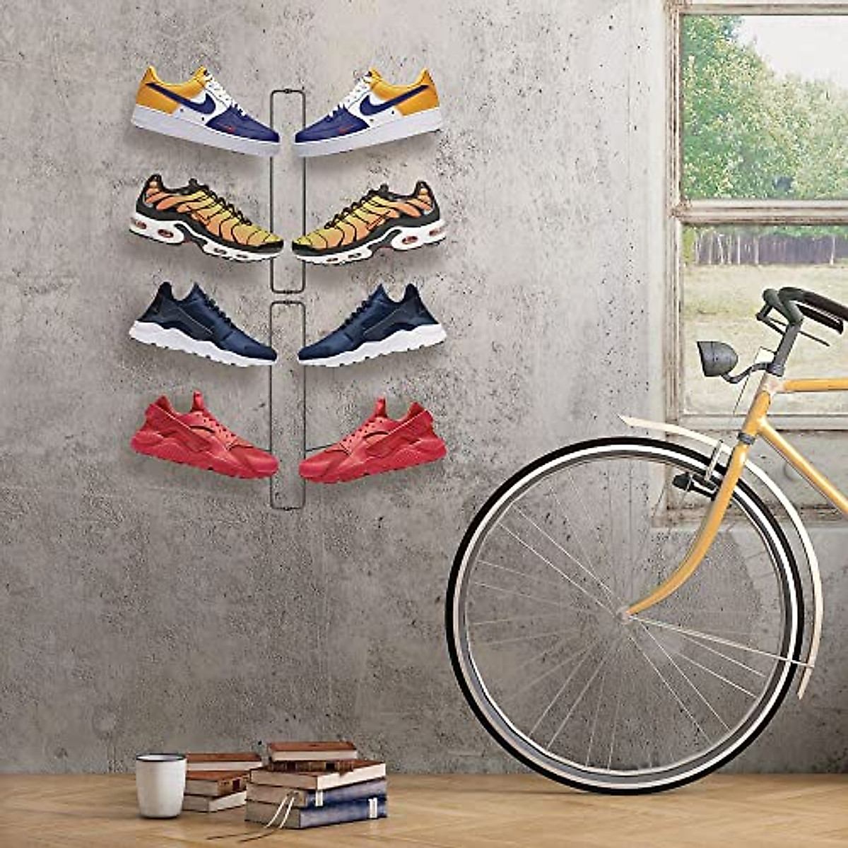 mDesign Modern Metal Shoe Organizer Display & Storage Shelf Rack - Hang & Store Kicks, Running, Basketball, Trainers, Tennis Shoes - 2 Tier, Hold 4 Shoes on Each Wall Mount Unit, 2 Pack, Graphite Gray