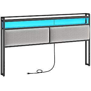 HOOBRO King Size Upholstered Headboard, Storage Headboard with Charging Station and Adjustable LED Lights, 2 Standard Outlets and 2 USB Ports, King Headboard Only, Easy Assembly, Black and Gray