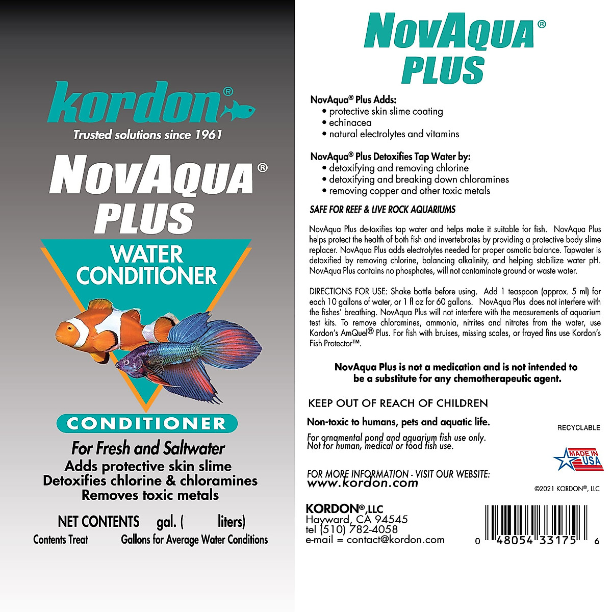 Kordon NOVAQUA Plus - Freshwater & Saltwater Aquarium Water Conditioner – Instantly Detoxifies Chlorine, Chloramines, & Heavy Metals, Replaces Fish Slime Coat, Reduces Fish Stress, 16 Ounces