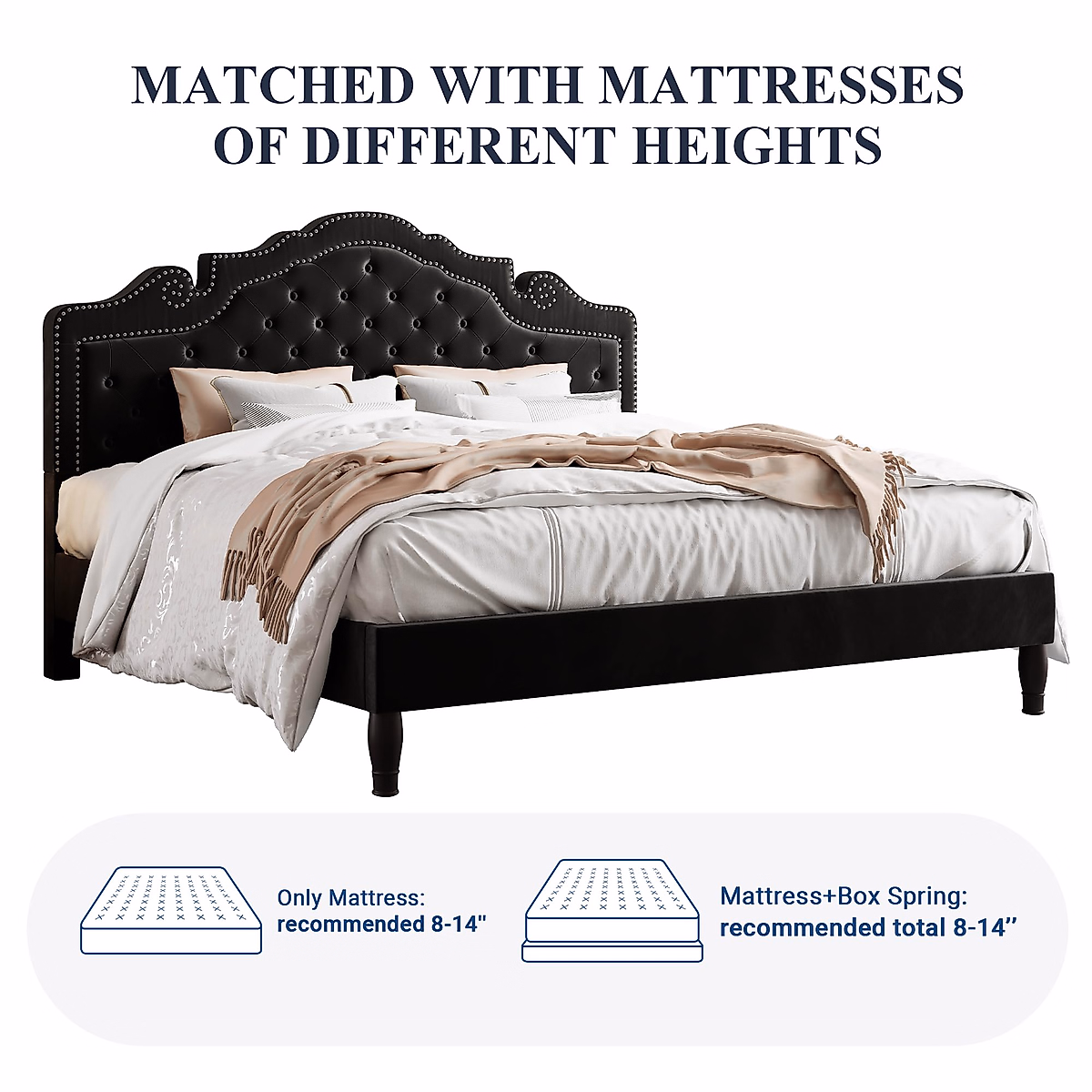 Allewie King Bed Frame with Adjustable Velvet Tiara Headboard, Upholstered Diamond Button Tufted Platform Bed, Wood Slats Support, No Box Spring Needed, Mattress Foundation, Easy Assembly, Black