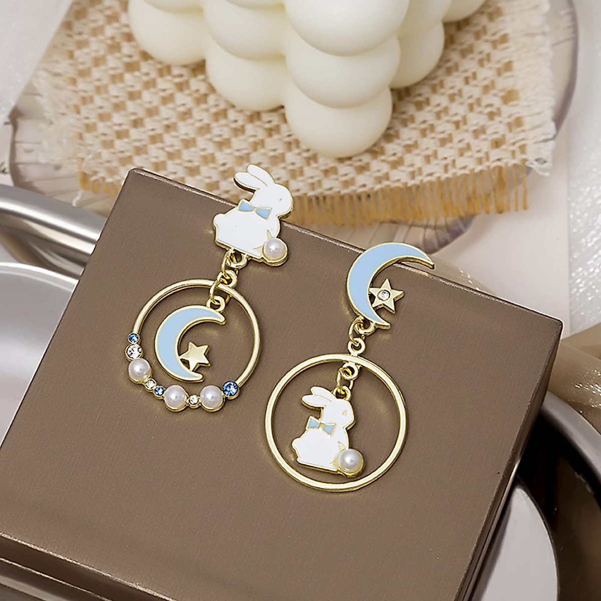 Bunny Earrings Kawaii Rabbit Jewelry Cute Earrings Aesthetic Hare Dangle Pearl Jewelry Earrings for Women Girls Christmas Easter Animal Gifts (Blue)