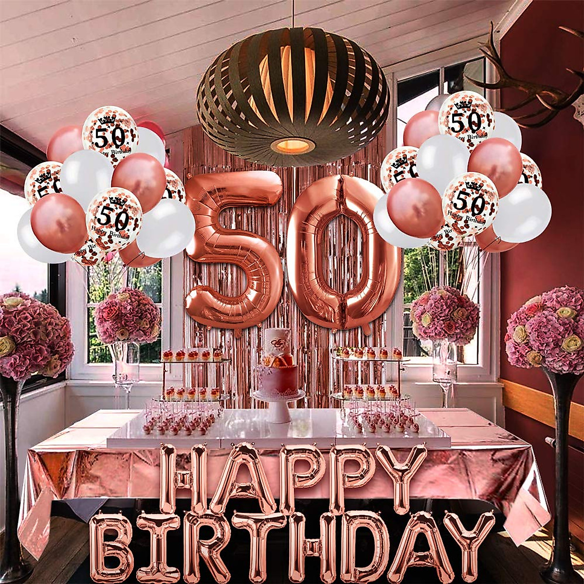 MOVINPE 50th Rose Gold Birthday Party Decoration, Happy Birthday Banner, Jumbo Number 50 Foil Balloon, 2 Rose Gold Fringe Curtain, Latex Confetti Balloon, Table Confetti for Girl Women Anniversary
