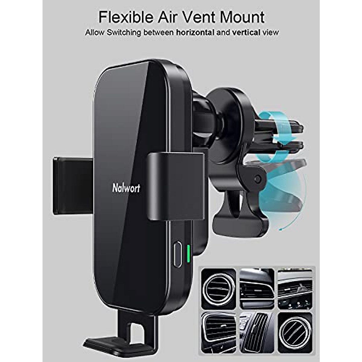Nalwort Wireless Car Charger 15W Qi Fast Charge with Metal Frame Dashboard and Air Vent Phone Holder Auto Clamping Wireless Car Charger Mount Compatible for iPhone 14/13/12, Samsung S20/S10 and More