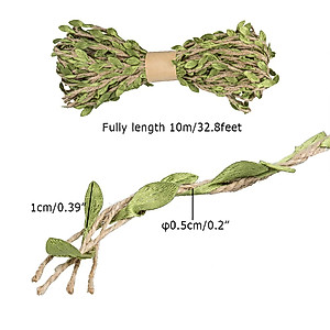 YuCool 98 Feet 5MM Burlap Leaf Ribbon, Natural Wall Hanging Jute Vine Twine with Artificial Green Leaves for Rustic Wedding,Home,Garden,Jungle Party Decorations and DIY Crafts Decor(3 Rolls)