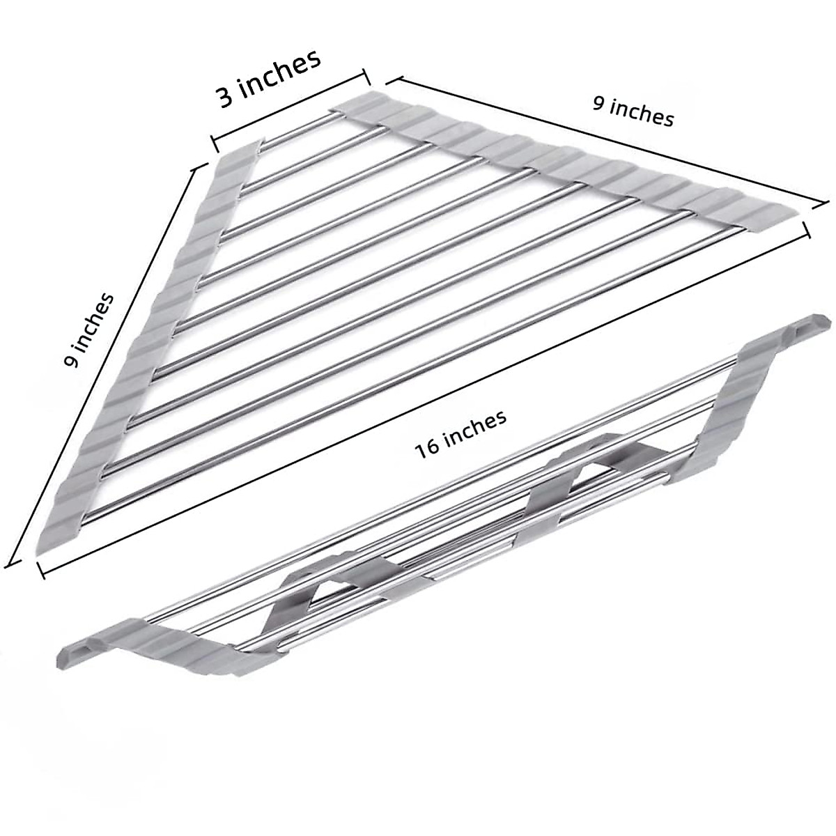 Fafcitvz Triangle Dish Drying Rack Multipurpose Roll-up Drying Rack for Sink Corner Stainless Steel Over The Sink Corner Dish Drainer Mat for Kitchen (Grey)
