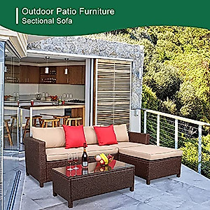 L-DREAM Patio Porch Sofa 5-Piece Set - Rattan Seating Sofa with Tea Table - Brown PE Wicker Rattan - with Washable Couch Cushions - for Outdoor Garden Backyard Poolside Furniture (Color : Brown)