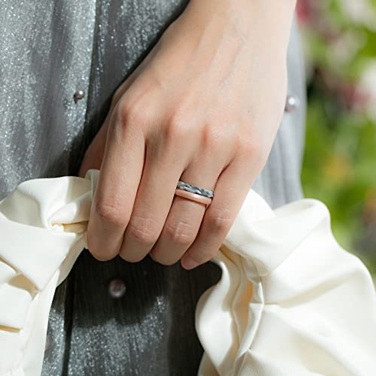 ThunderFit Women Silicone Wedding Bands - Stackable Rings Pack (Set of 3) - Unique Designs (Black, Light Marble, Rose Gold A - Size 7.5-8 (18.2mm))