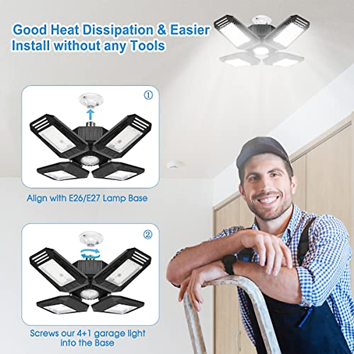 2 Pack LED Garage Lights, 4 +1 Panels 120W 15000LM-6500K Adjustable Ceiling Garage Light with E26/E27 Screw Base Deformable Lighting for Garage Barn Workshop Warehouse Residential High Bay Light