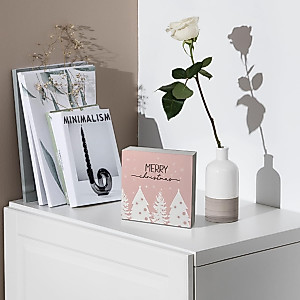 kunlisa Pink Christmas Wooden Box Signs,Pink Christmas Sign,Pink Christmas Decorations,Christmas Tree Sign,Merry Christmas Sign,Christmas Signs for Home Decor 5x5 Inch