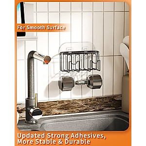 SWTYMIKI Sponge Holder for Kitchen Sink with Double Hook, Stainless Steel Kitchen Sink Caddy Multifunctional Kitchen Sink Organizer with Strong Adhesive for Sponge, Brush, Sink Stopper, Black