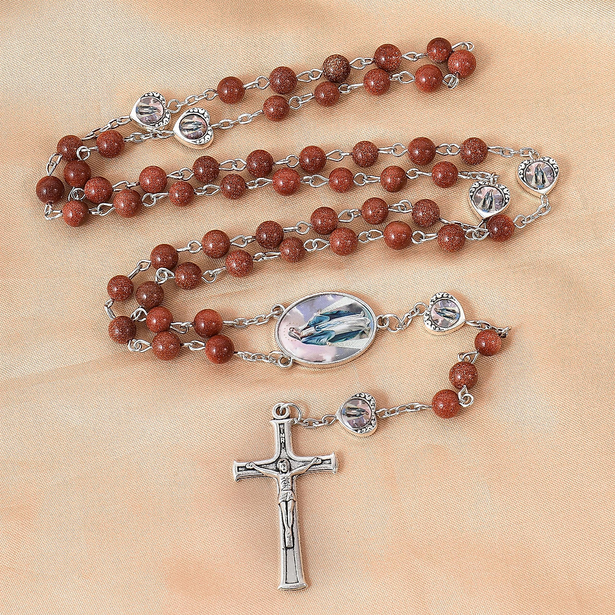 Nazareth Store Natural Goldstone Beads with Miraculous Epoxy Heart Metal Beads Rosary Necklace Gemstone Christian Gifts