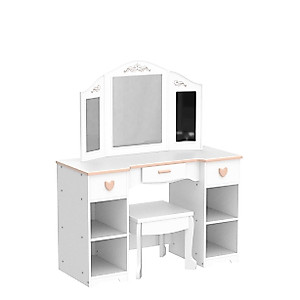 EGFheal Kids Vanity Set with Mirror and Drawer - Girls' Vanity Table and Chair Set with Wood Makeup Playset, Perfect for 3-9 Yr, White