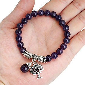 TUMBEELLUWA Beaded Bracelets Semi Precious Stone Yoga Beads Healing Crystals Tree Charm Chakra Bracelet Handmade Jewelry for Women,Amethyst