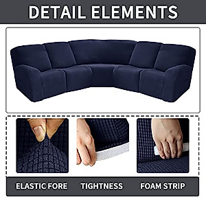5-Seat Sectional Recliner Sofa Covers,4 Seater & 1 Corner Seat 5 Seater Stretch Recliner Couch Cover Slipcover for Reclining L Shape Recliner Corner Sofa,Soft,Washable Couch Covers,Navy Blue,Jacquard