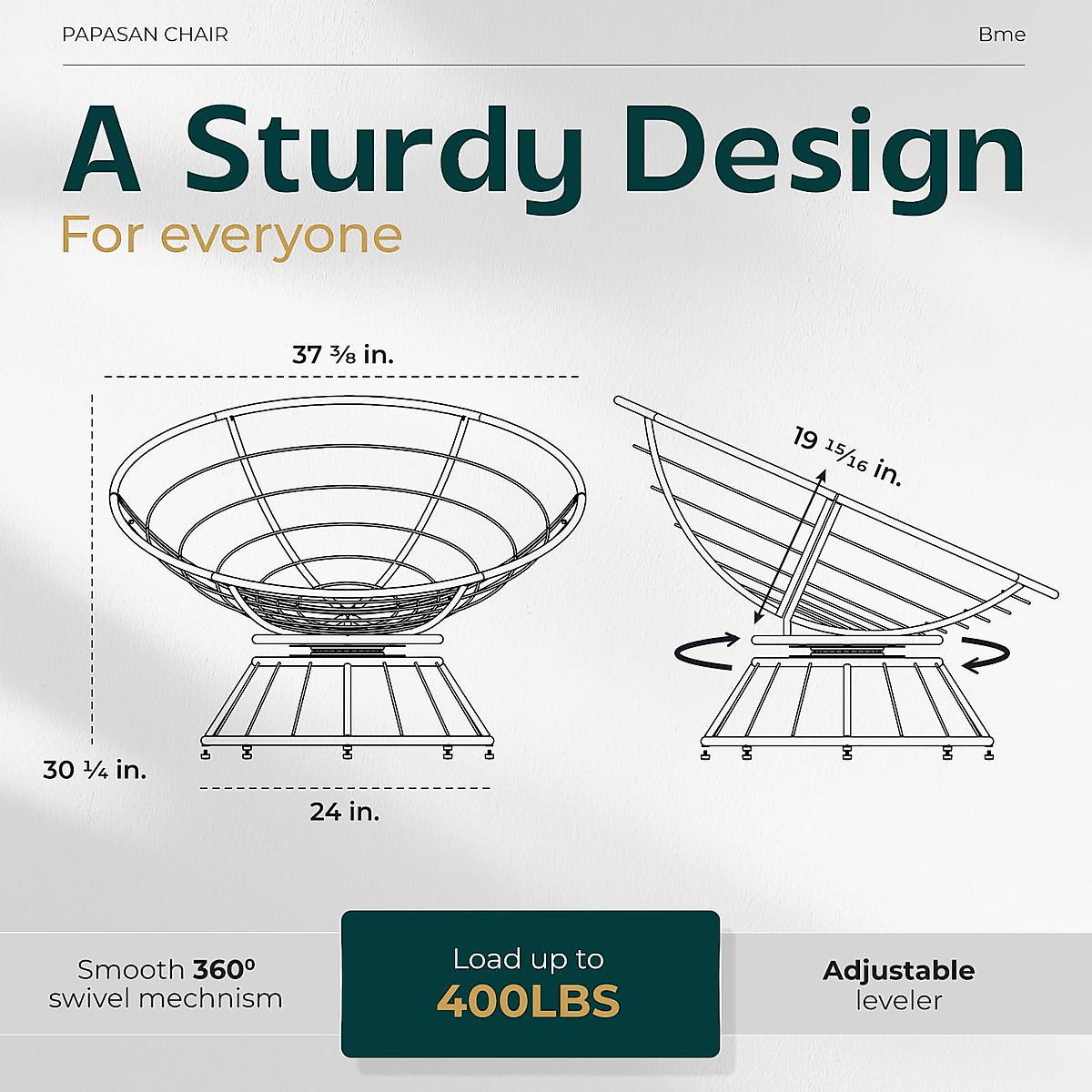 Bme 40" Ergonomic Wicker Papasan Chair with Soft Thick Density Fabric Cushion, High Capacity Steel Frame, 360 Degree Swivel for Living, Bedroom, Reading Room, Lounge, Silver Cloud - Brown Base