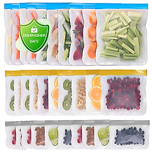 HUYFGDYSA 30 Pack Reusable Food Bags Silicone Freezer Bags Leak Proof Snack Size Sandwich Bags for Traveling & Household(10Small + 10Medium+10Large), orange+blue+gray