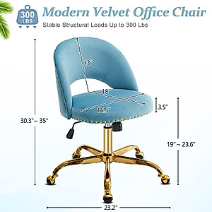 VINGLI Modern Velvet Small Office Chair,Cute Desk Chair with Wheels,Gold Base/Studs, Comfy Armless Swivel Vanity Task Chair for Women/Girl/Kids, Nail Tech Chair for Bedroom,Small Space,Cruising Blue