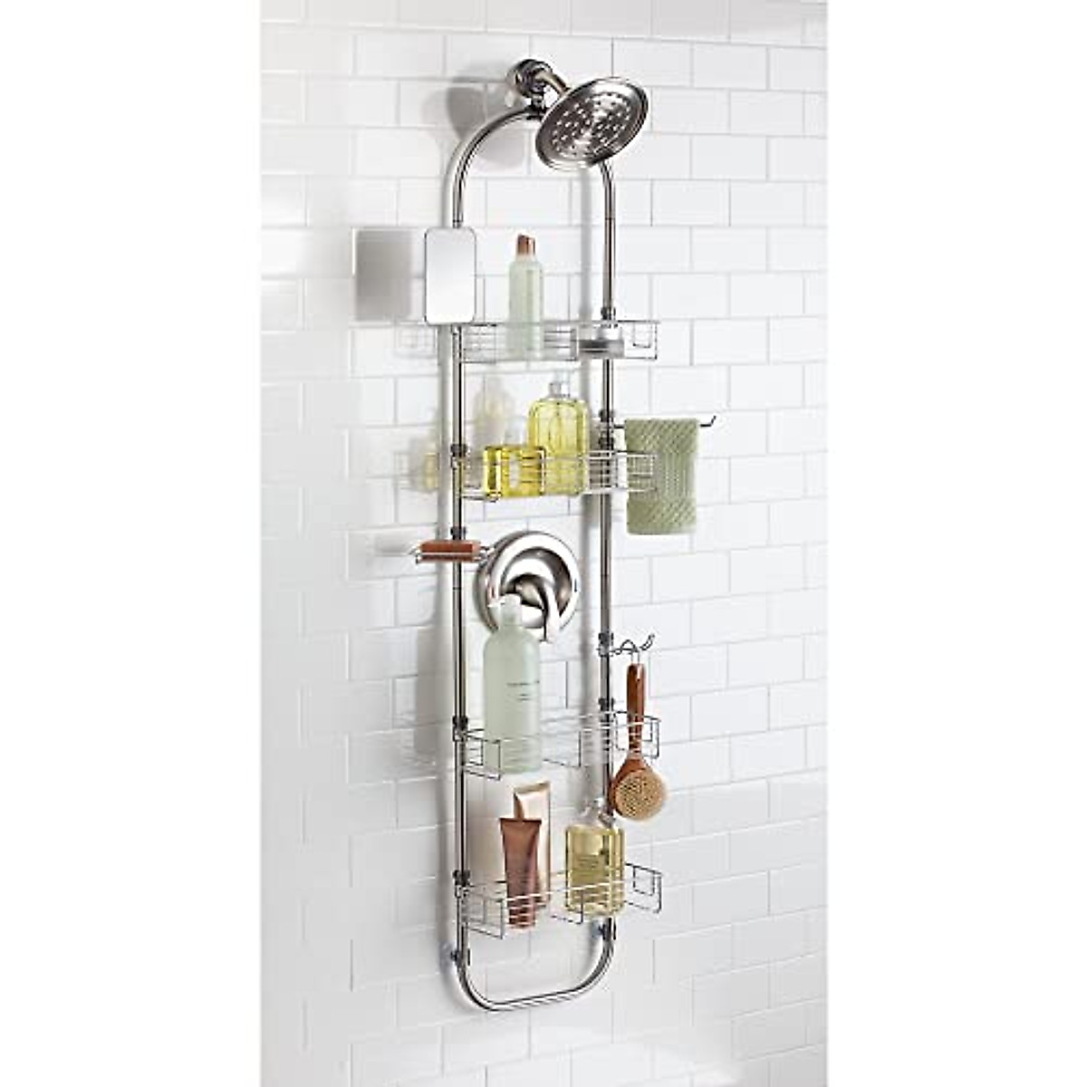 mDesign Metal Bathroom Shower Caddy Station for Shampoo, Conditioner, Hand Soap - Accessory Hook and Towel Bar - 4 Shelf Format, Brushed Stainless Steel